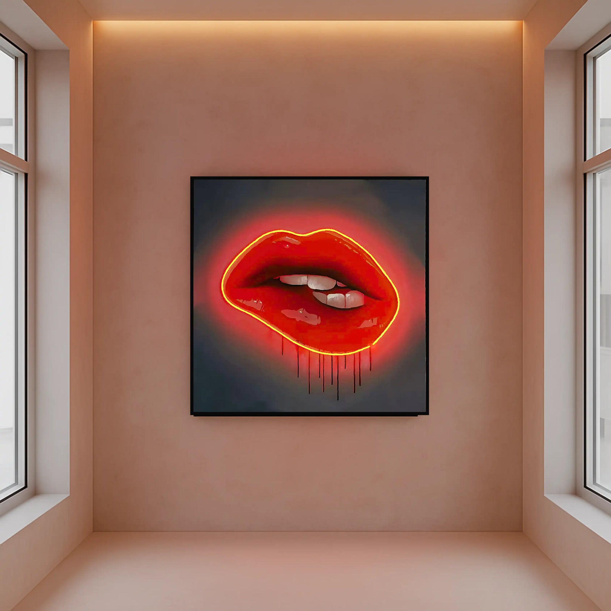 Red Lips LED Wall Art Lip-Biting Canvas with Edgy Glow